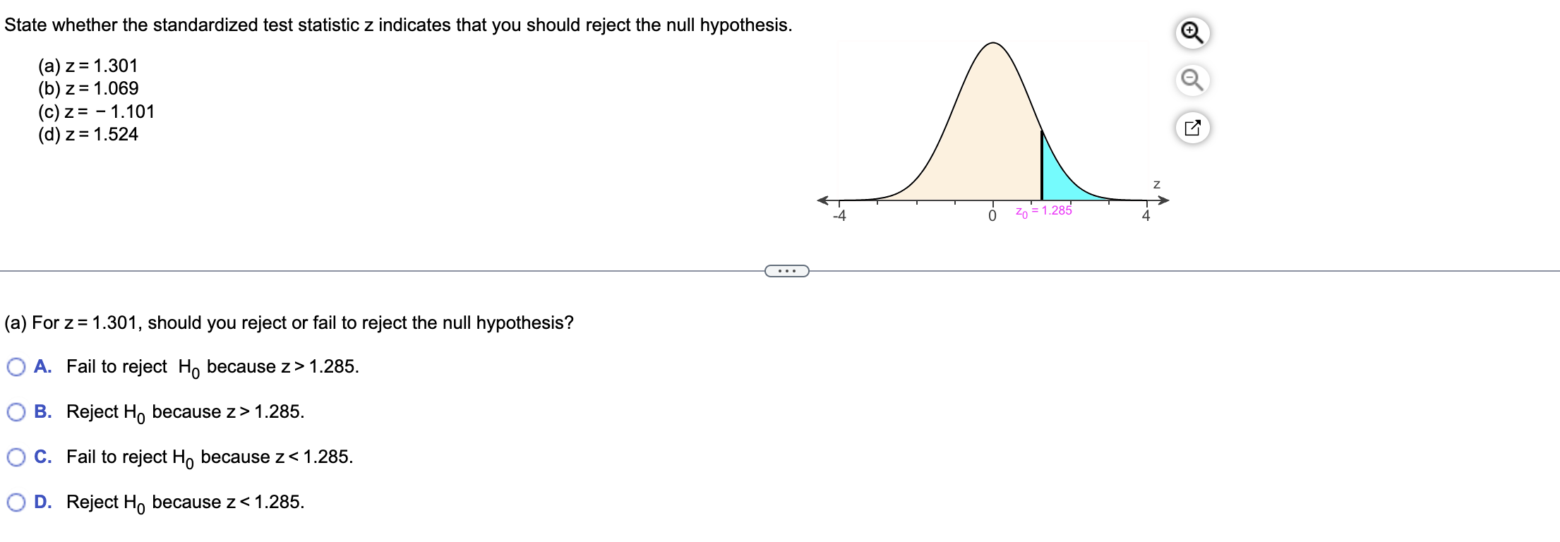 Solved (c) For z=−1.101, should you reject or fail to reject | Chegg.com