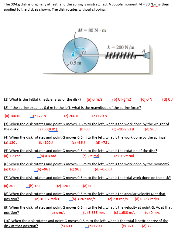 Solved The 30-kg disk is originally at rest, and the spring | Chegg.com