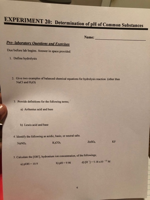 Solved EXPERIMENT 20: Determination of pH of Common | Chegg.com