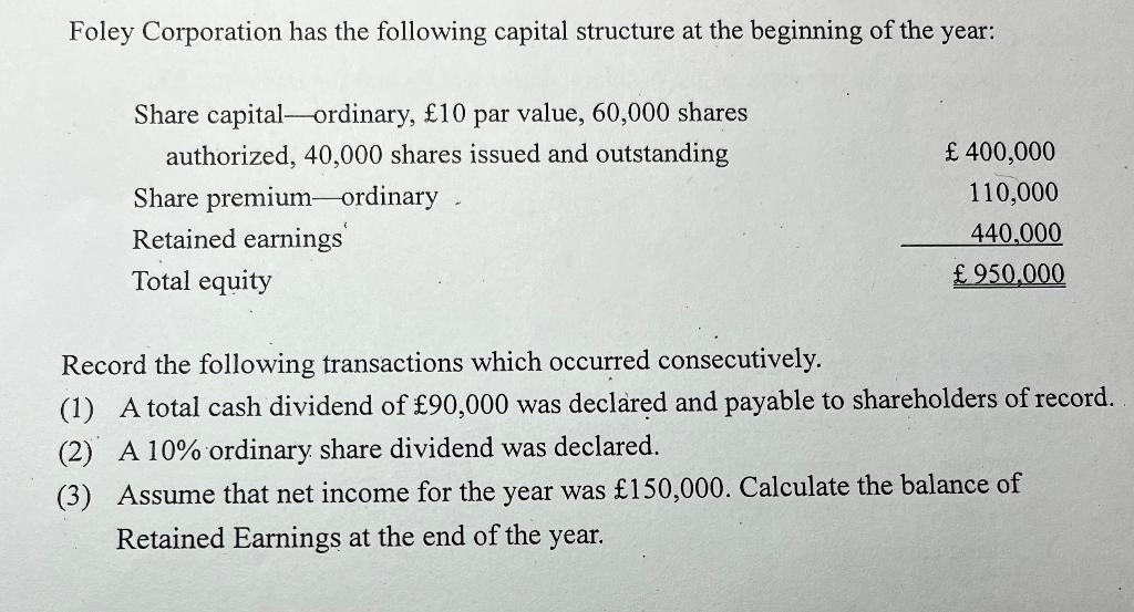Solved Foley Corporation has the following capital structure | Chegg.com