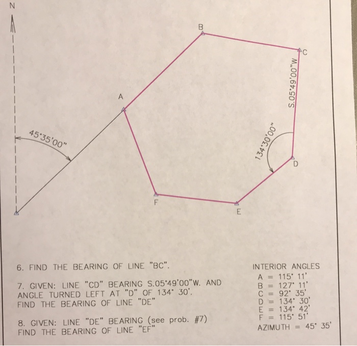 Solved 45 35'00" 6. FIND THE BEARING OF LINE "BC". INTERIOR | Chegg.com