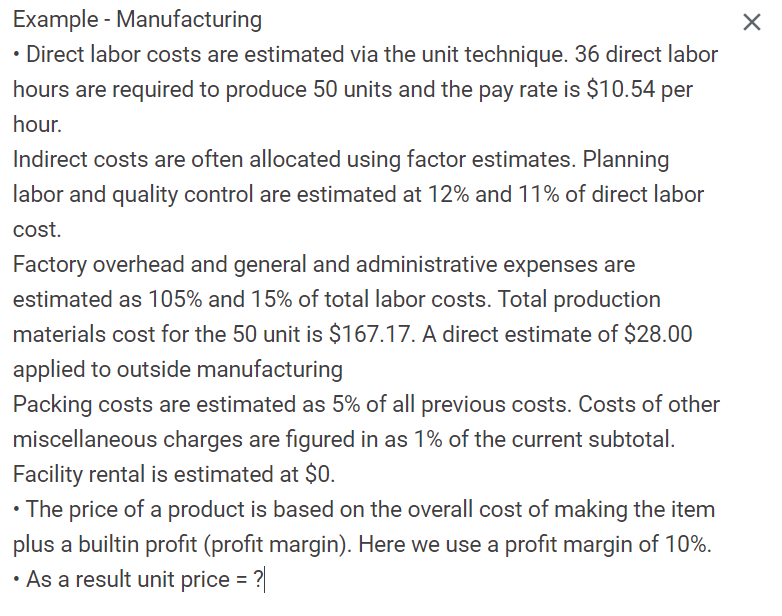 Solved Example - Manufacturing - Direct labor costs are | Chegg.com