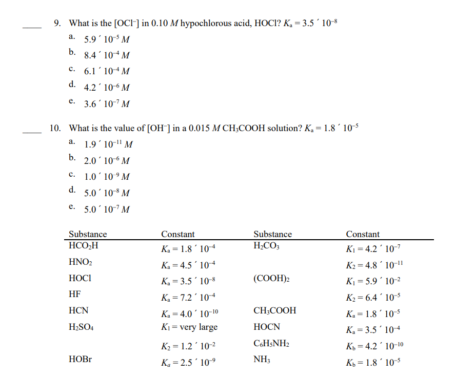 9. What is the [OCl−]in 0.10M hypochlorous acid, HOCl | Chegg.com