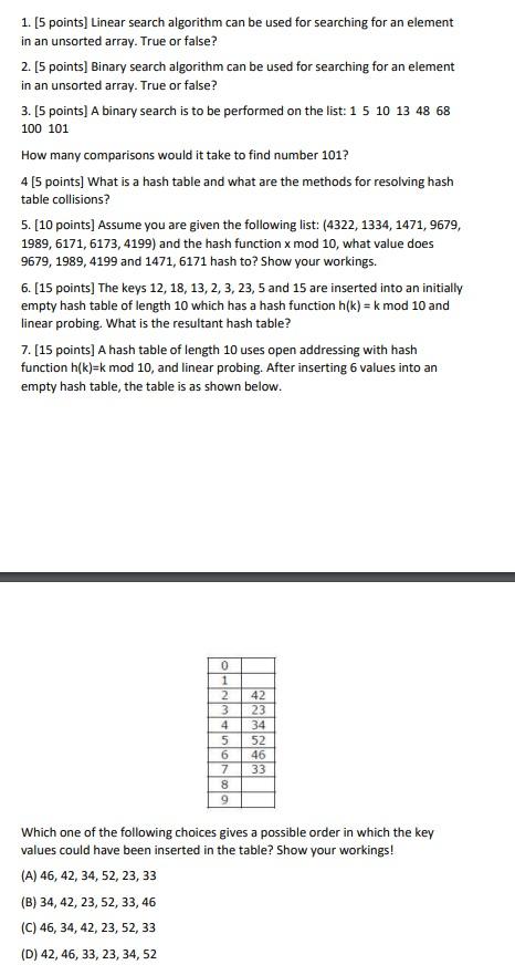 Solved 1. [5 points] Linear search algorithm can be used for | Chegg.com