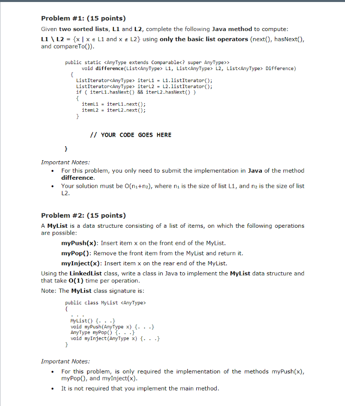 Solved Problem #1: (15 points) Given two sorted lists, L1 | Chegg.com