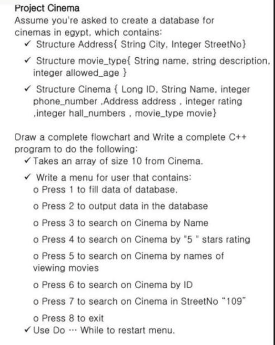 Solved Project Cinema Assume you're asked to create a | Chegg.com