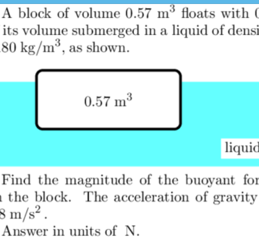Solved A block of volume 0.57 m3 floats with 0.7 of its | Chegg.com