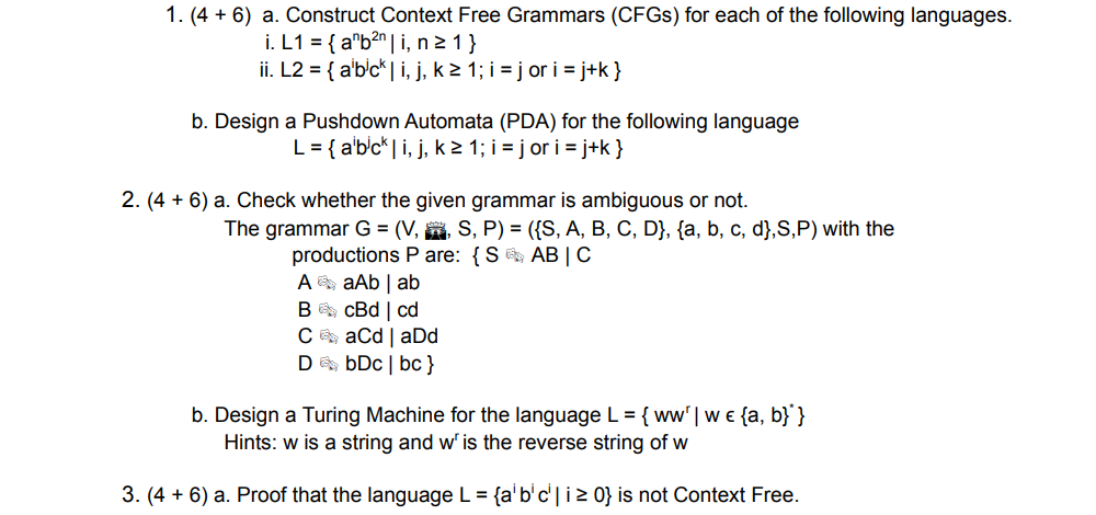 Solved 1. (4+6) a. Construct Context Free Grammars (CFGS) | Chegg.com