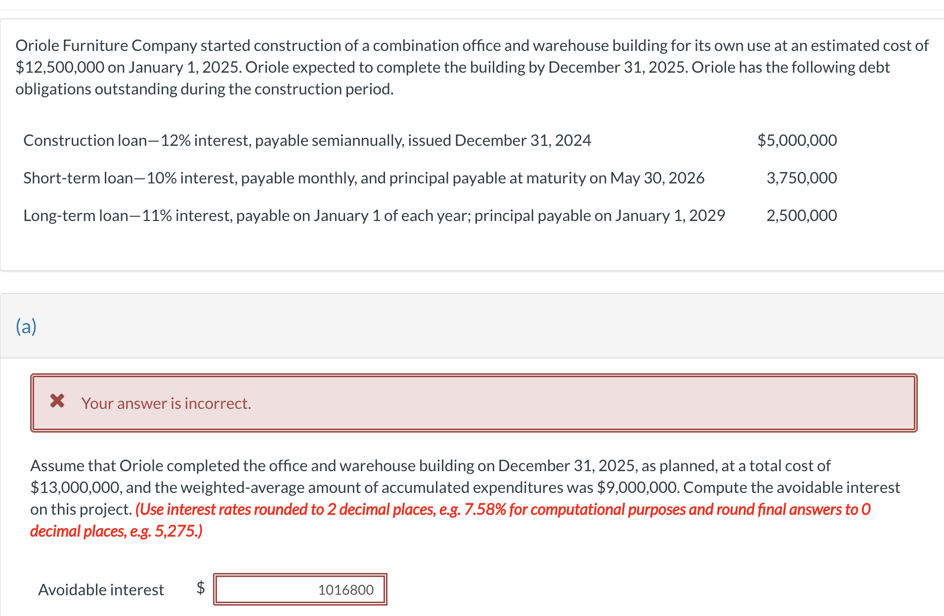 Solved Oriole Furniture Company started construction of a | Chegg.com