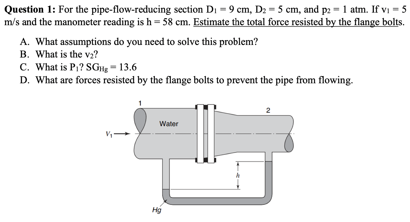 Solved = Question 1: For the pipe-flow-reducing section Di = | Chegg.com