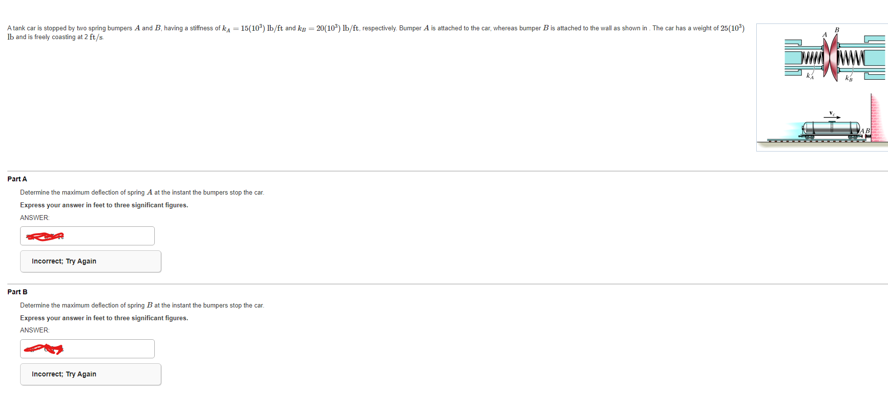 Solved A tank car is stopped by two spring bumpers A and B, | Chegg.com