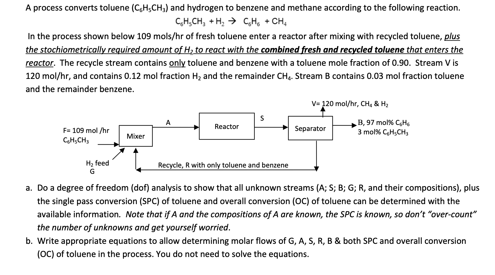 Solved A process converts toluene (C6H5CH3) and hydrogen to | Chegg.com