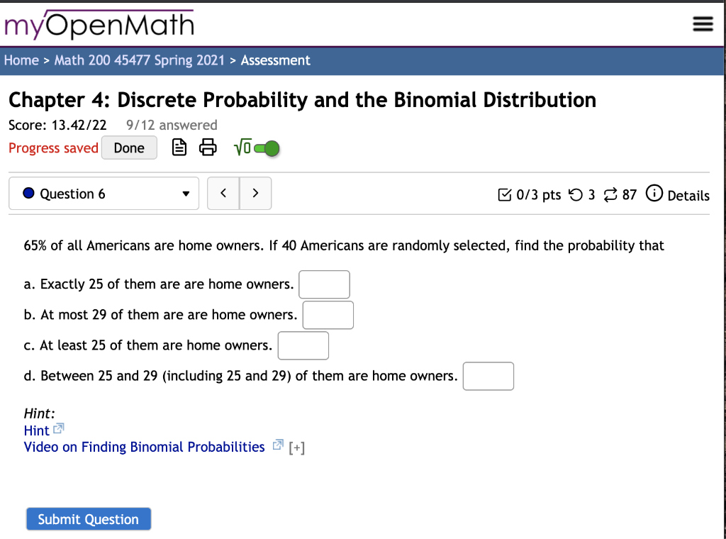 Solved myOpenMath Home > Math 200 45477 Spring 2021 > | Chegg.com