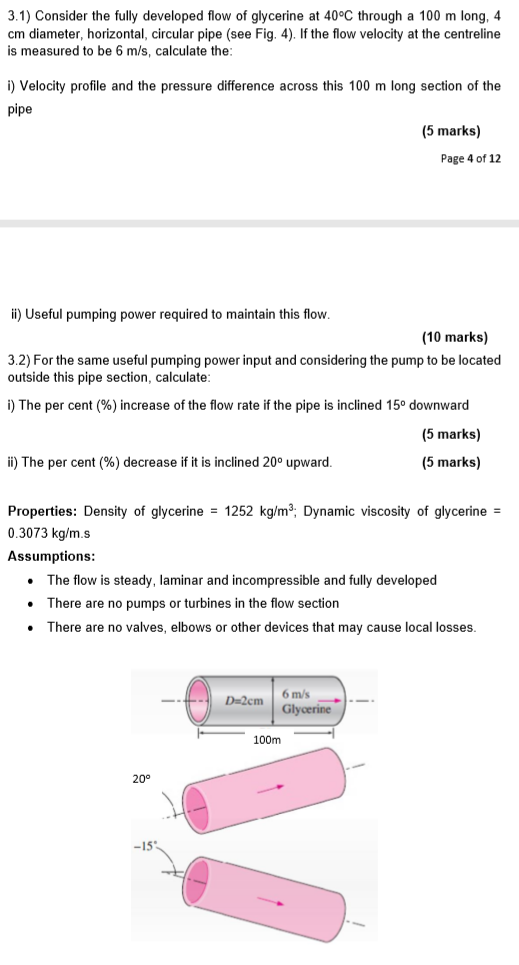 Solved 3.1) Consider the fully developed flow of glycerine | Chegg.com