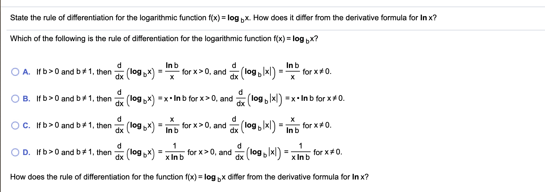 Solved State The Rule Of Differentiation For The Logarithmic Chegg