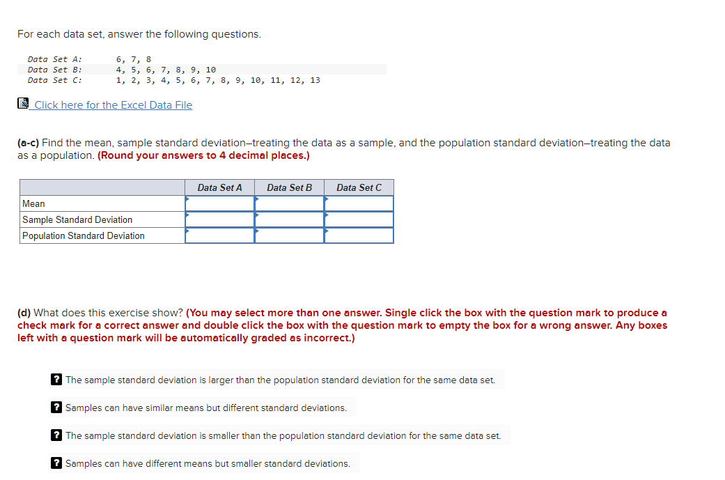 Solved For each data set, answer the following questions. | Chegg.com