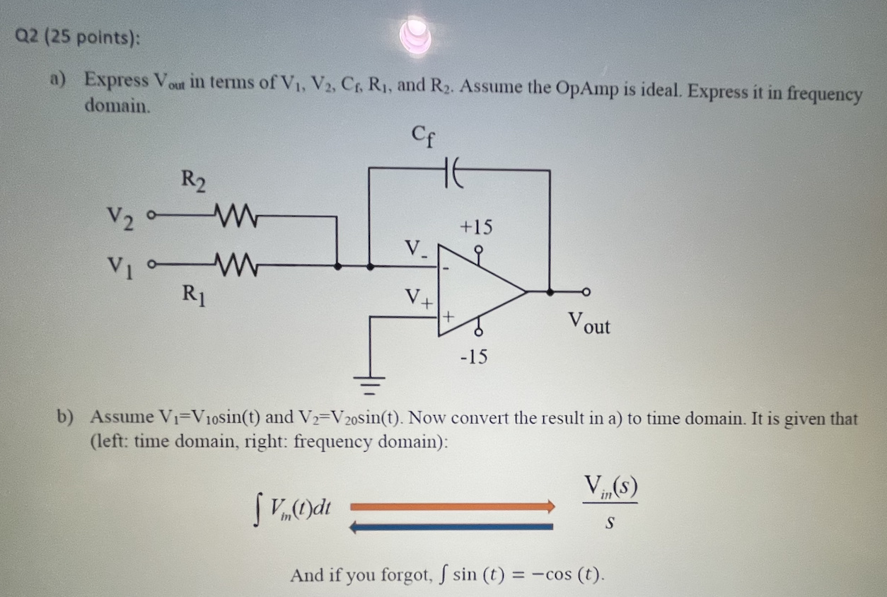 Solved Q2 (25 points): a) Express Vout in terms of V1, V2, | Chegg.com
