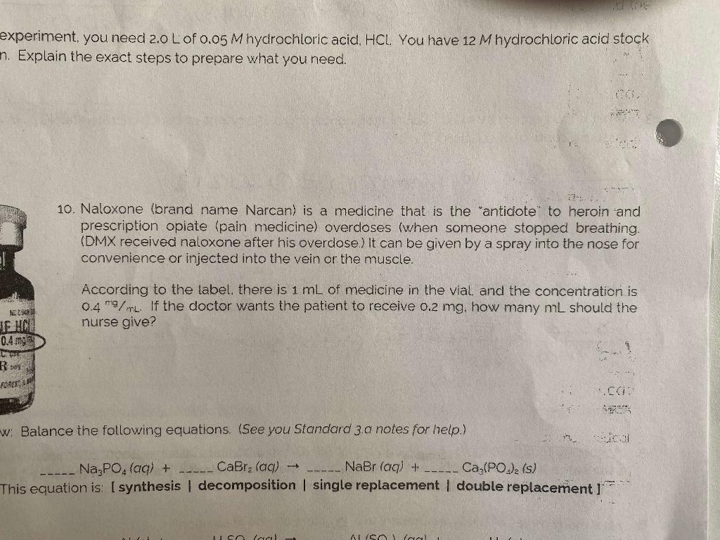 Solved xperiment, you need 2.0 L of 0.05M hydrochloric acid. | Chegg.com