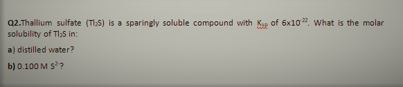 Solved Q2.Thallium sulfate (T12S) is a sparingly soluble | Chegg.com
