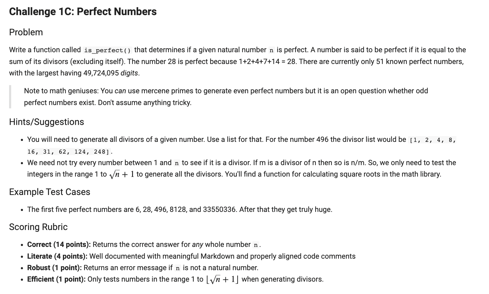 Solved Problem Write a function called is_perfect () that | Chegg.com