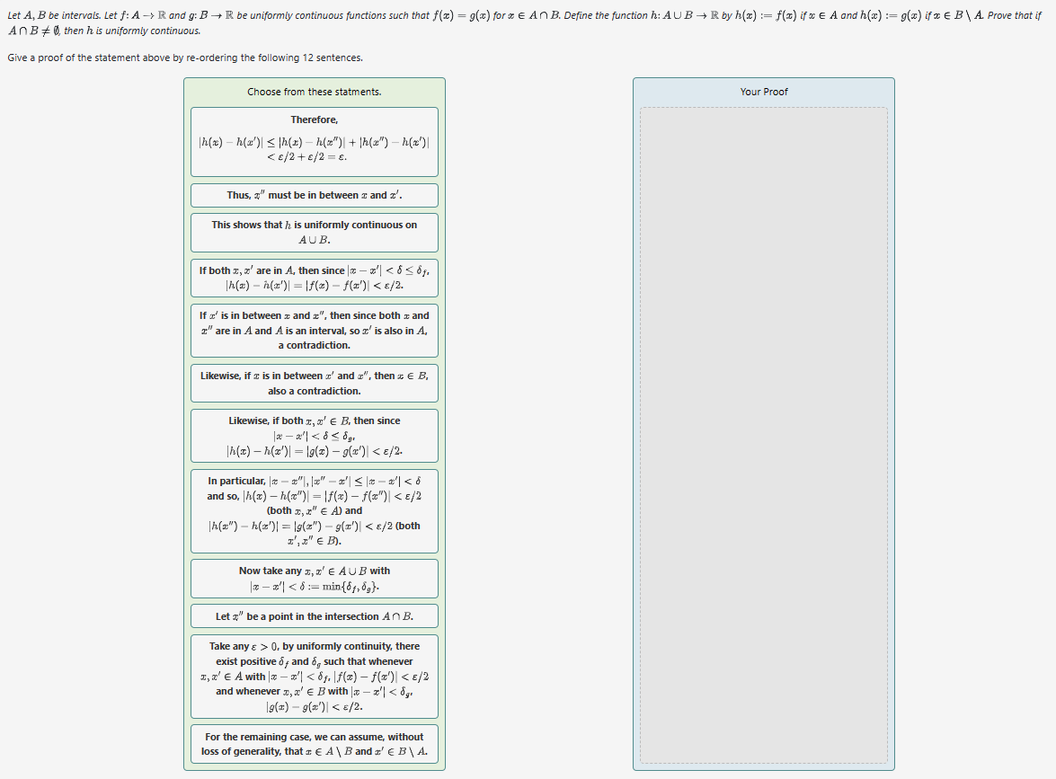 Solved A∩B =∅, then h is uniformly continuous. Give a proof | Chegg.com