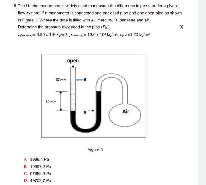 Solved 15. The U-tube manometer is widely used to measure | Chegg.com