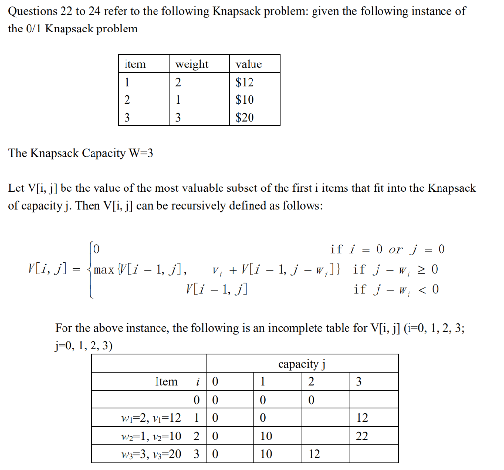 Solved Questions 22 to 24 refer to the following Knapsack | Chegg.com