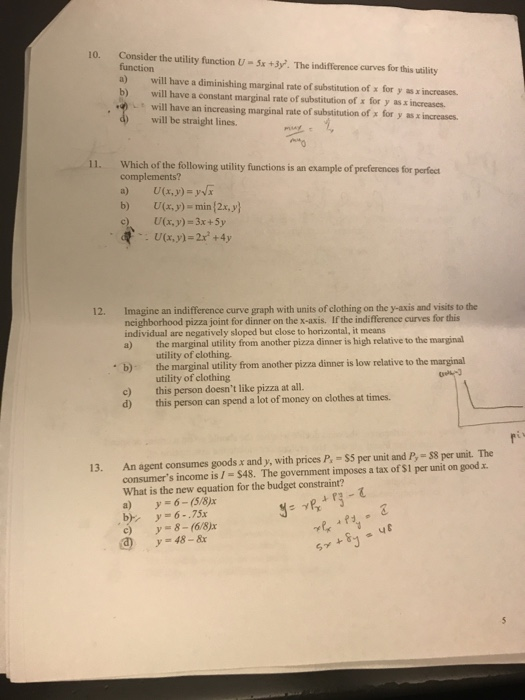 Solved 10. Consider the utility function U - 5x +3y. The | Chegg.com