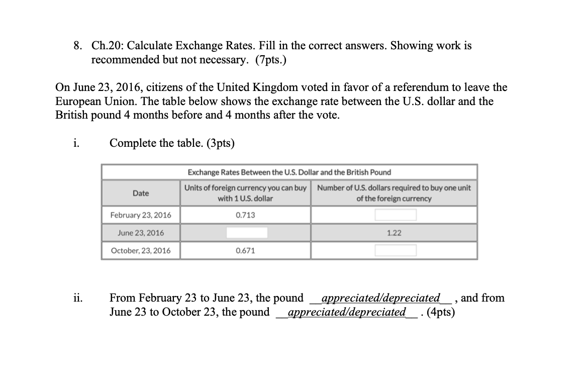 Solved 8. Ch.20: Calculate Exchange Rates. Fill in the | Chegg.com