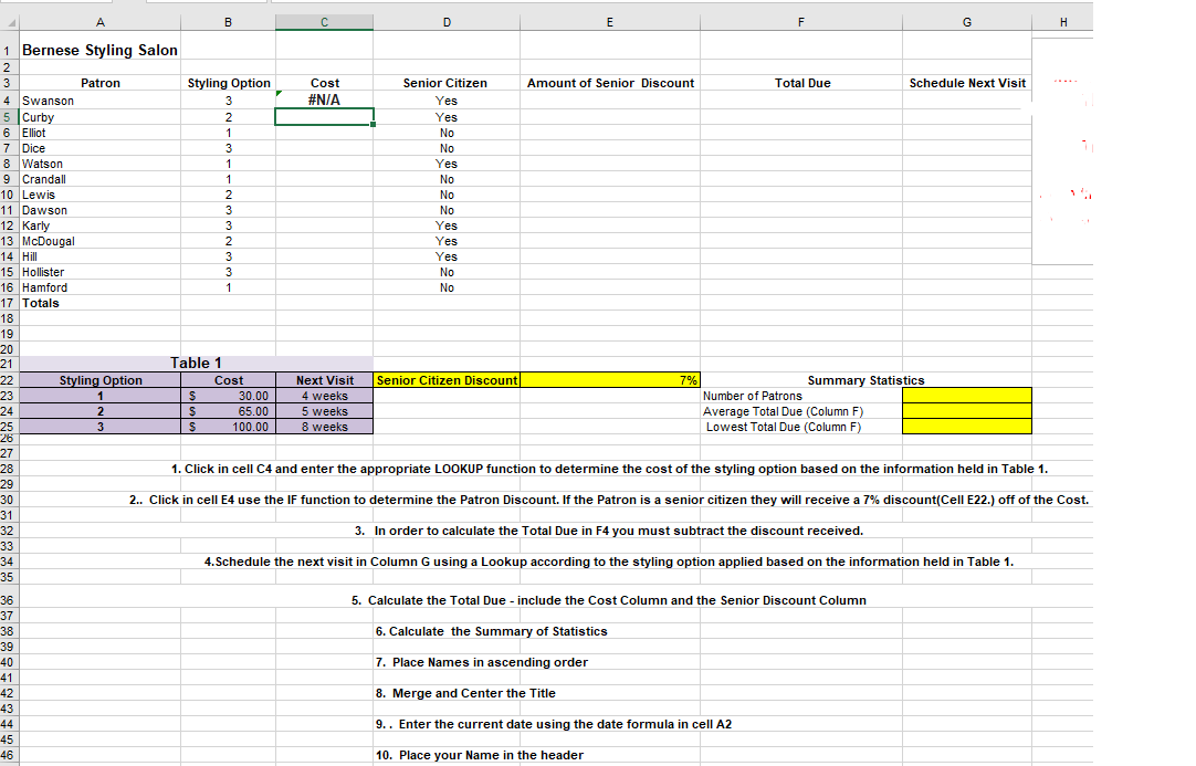 Solved Please help with the formulas belowClick in cell C4 | Chegg.com