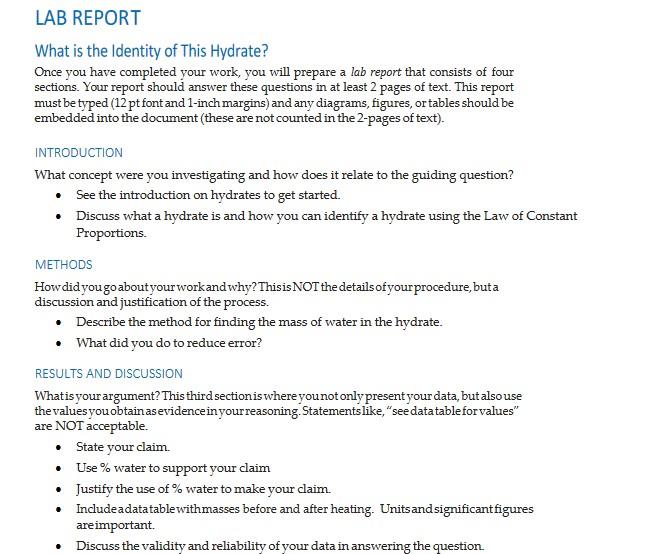 Solved LAB REPORT What is the Identity of This Hydrate? Once | Chegg.com