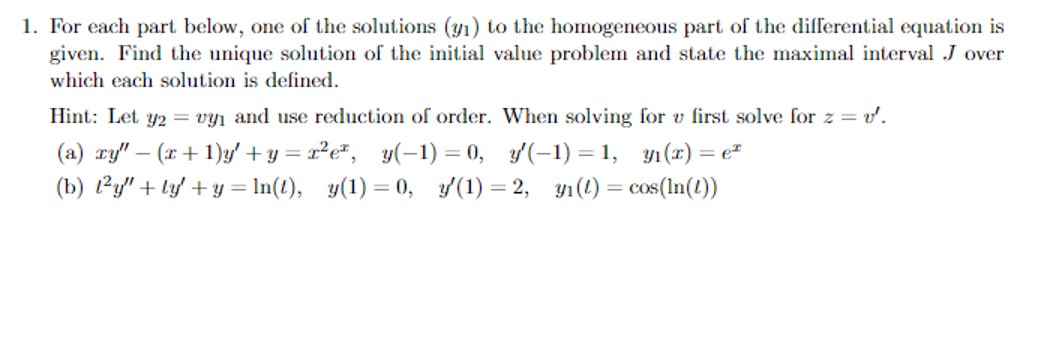 Solved For each part below, one of the solutions (y1) ﻿to | Chegg.com