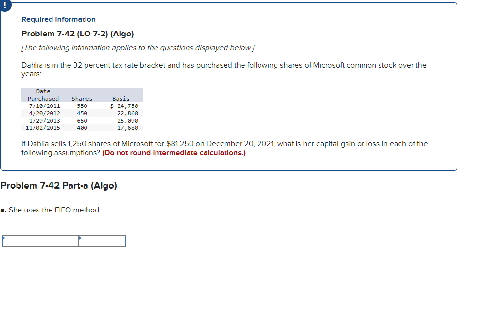 Solved Problem 7-42 (LO 7-2) (Algo) [The following | Chegg.com