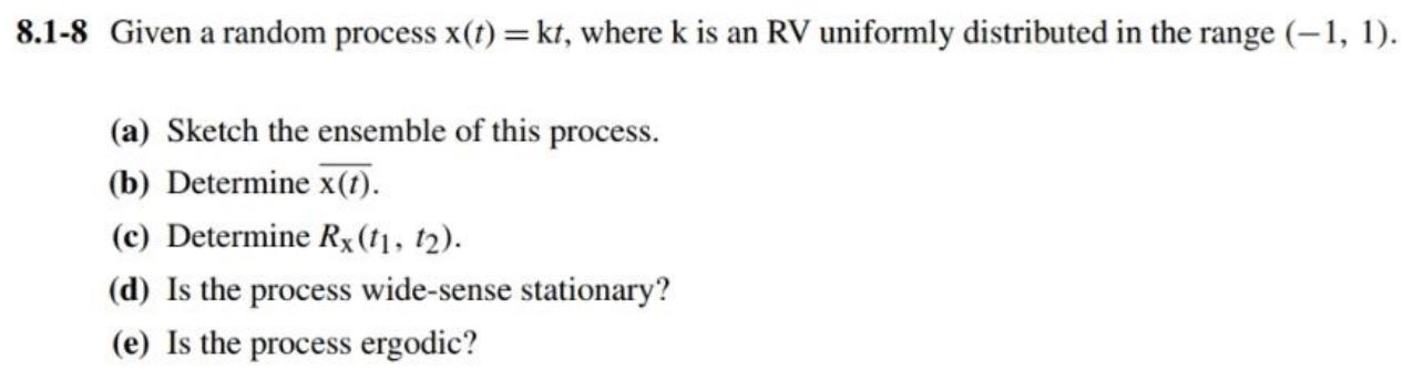 Solved 8.1-8 Given a random process x(t)=kt, where k is an | Chegg.com