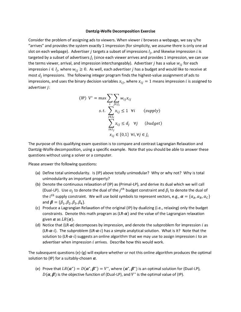Dantzig-Wolfe Decomposition Exercise Consider the | Chegg.com