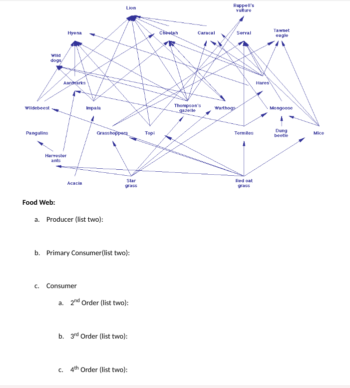 Solved Food Web:a. ﻿Producer (list two):b. ﻿Primary | Chegg.com