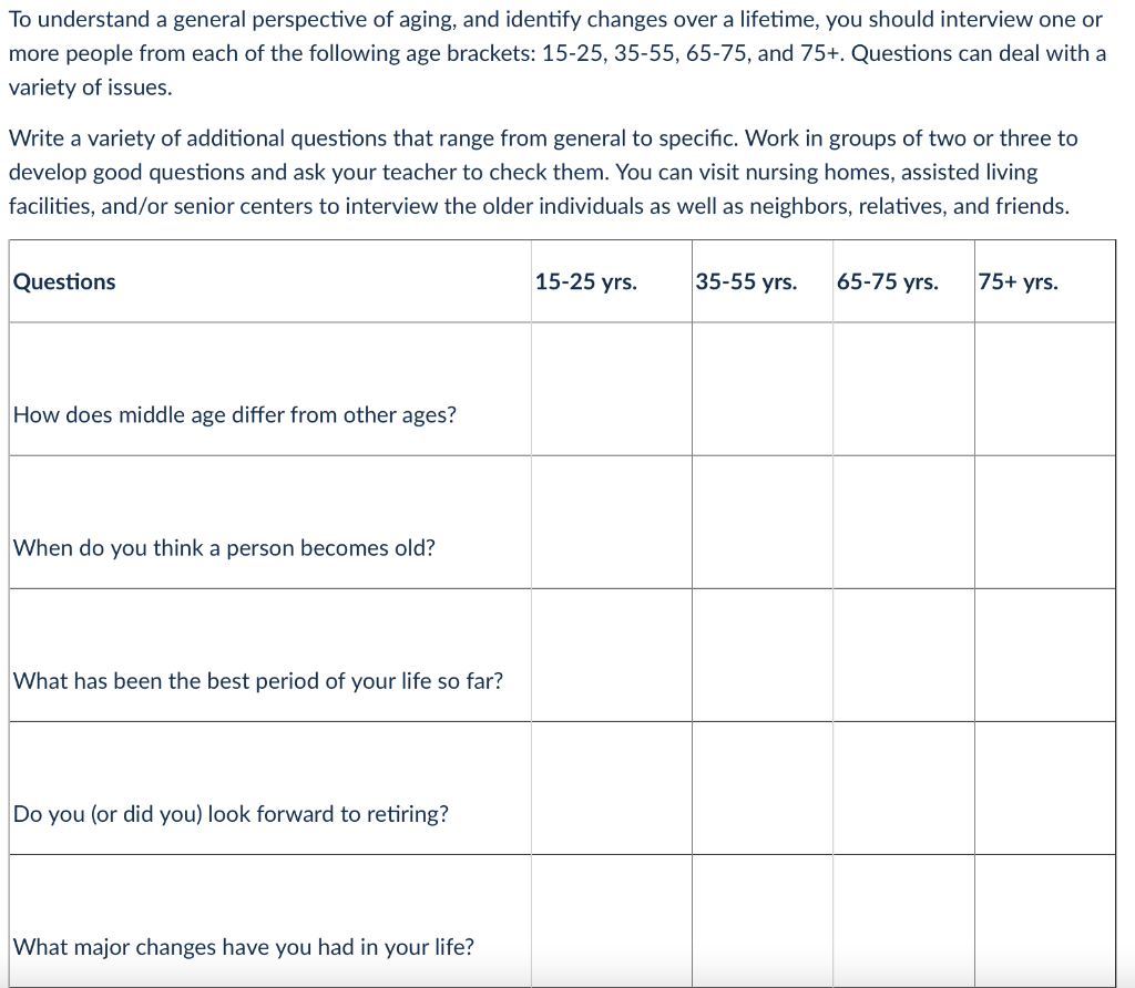 Solved To understand a general perspective of aging, and | Chegg.com