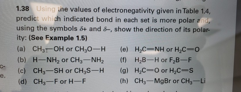 Solved 1.38 Using the values of electronegativity given in | Chegg.com