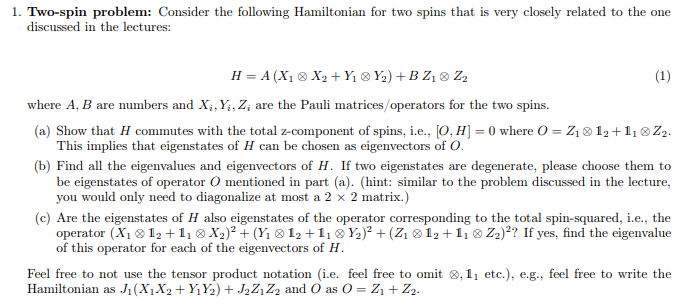 1. Two-spin problem: Consider the following | Chegg.com