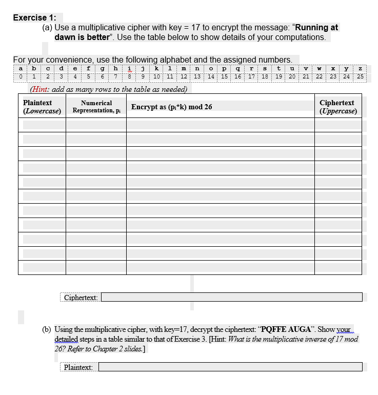 Solved Exercise 1: Exercise 2:Given the following Playfair | Chegg.com