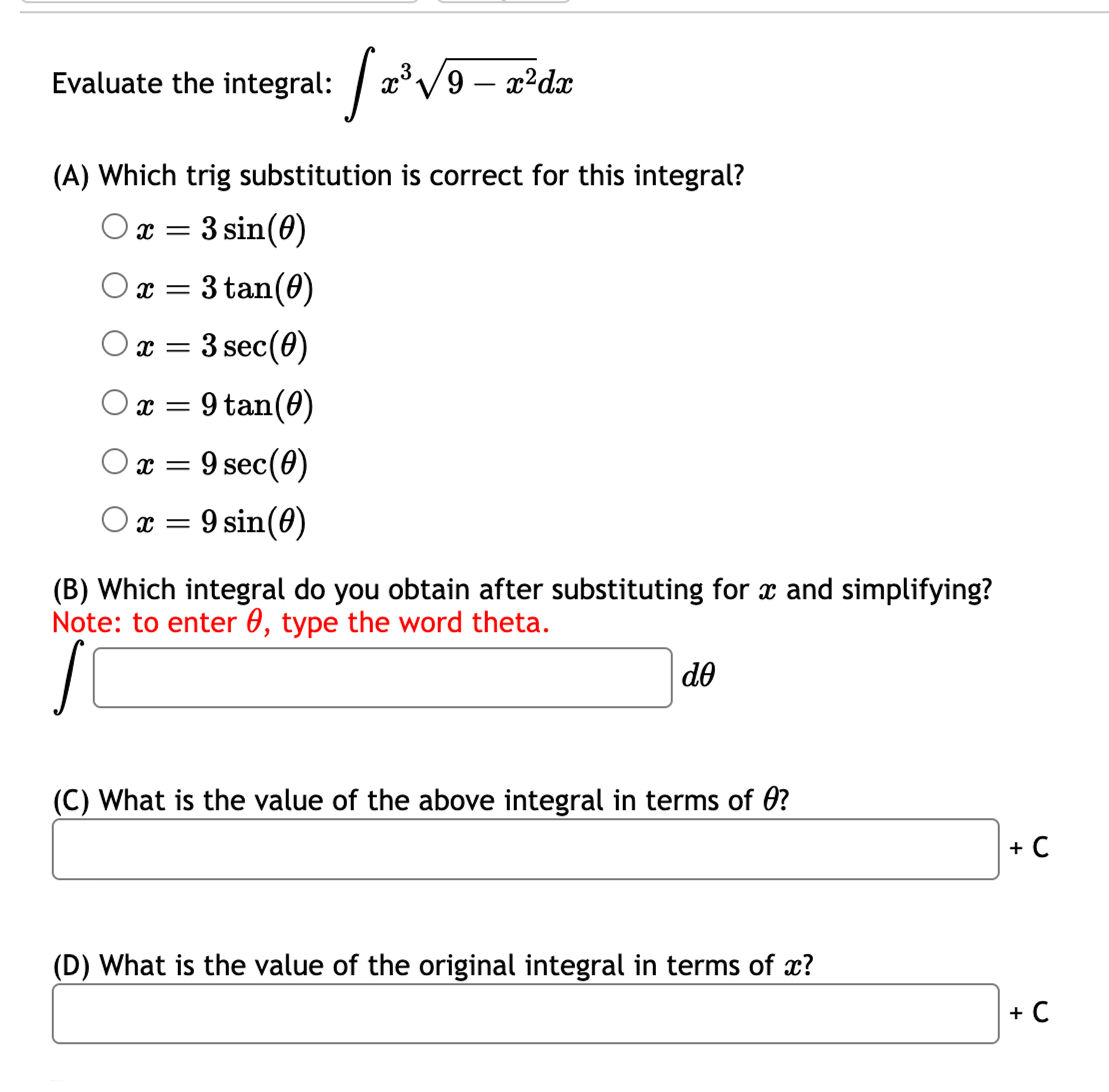 Solved Evaluate the integral: \int x^(3)\sqrt(9-x^(2))dx (A) | Chegg.com