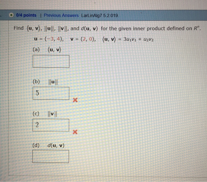 Solved Find u, v, ||u||, ||v||, and d(u, v) for the given | Chegg.com
