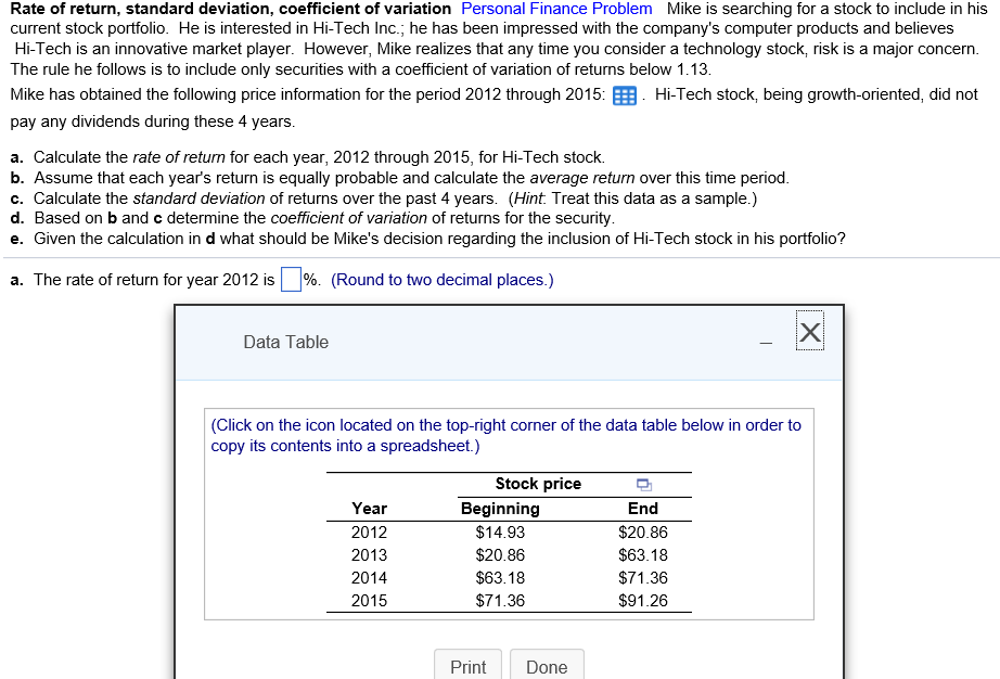 Solved Rate of return, standard deviation, coefficient of | Chegg.com