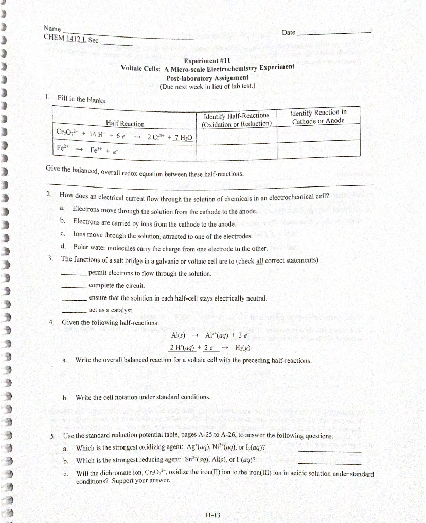 Solved Experiment \#11 Voltaic Cells: A Micro-scale | Chegg.com