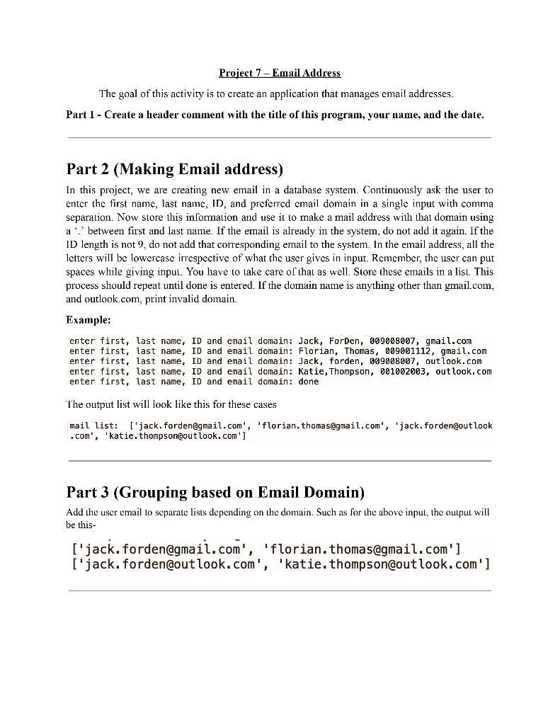 Solved Project 7 - Email Address The goal of this activity | Chegg.com