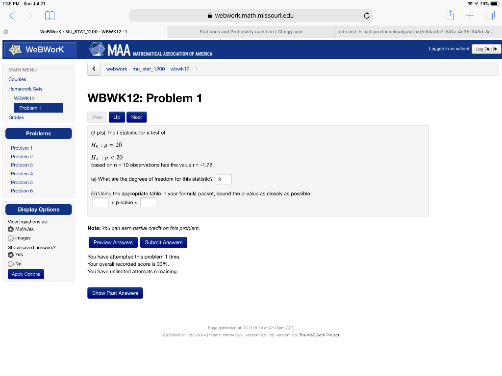 Solved 79% 7:35 PM Sun Jul 21 webwork.math.missouri.edu | Chegg.com