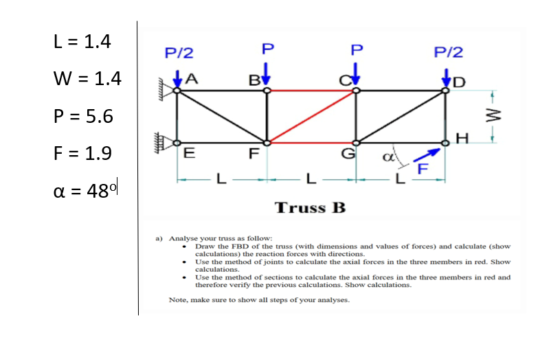 Solved L=1.4 ﻿mW=1.4 ﻿mP=5.6 ﻿kNF=1.9 ﻿kNα=48°a) ﻿Analyse | Chegg.com