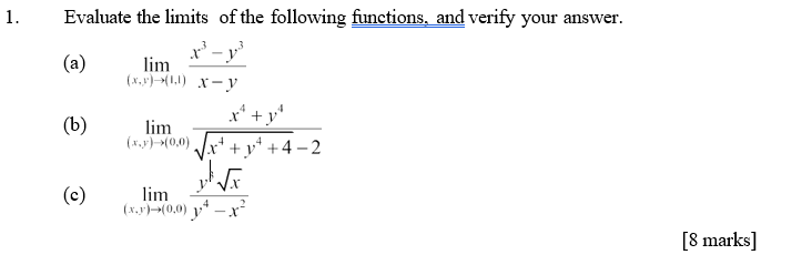 Solved 1. Evaluate the limits of the following functions, | Chegg.com