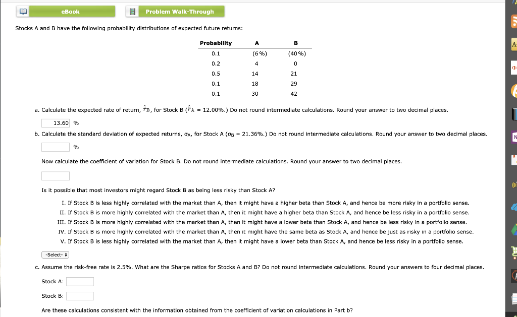 Solved eBook 1 Problem Walk-Through Stocks A and B have the | Chegg.com