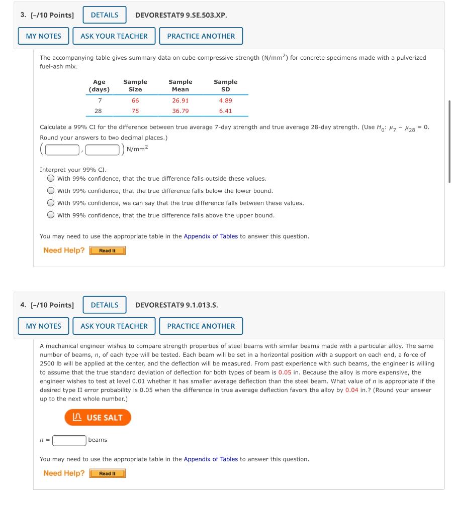 Solved 3. [-/10 Points] DETAILS DEVORESTAT9 9.SE.503.XP. MY | Chegg.com